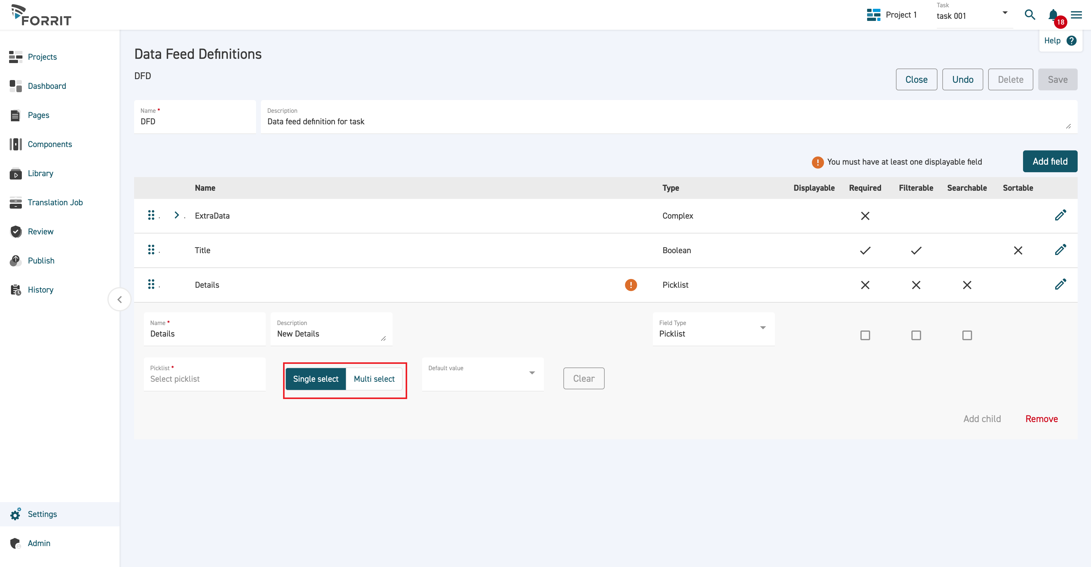 Setting up a picklist in Data Feed Definitions